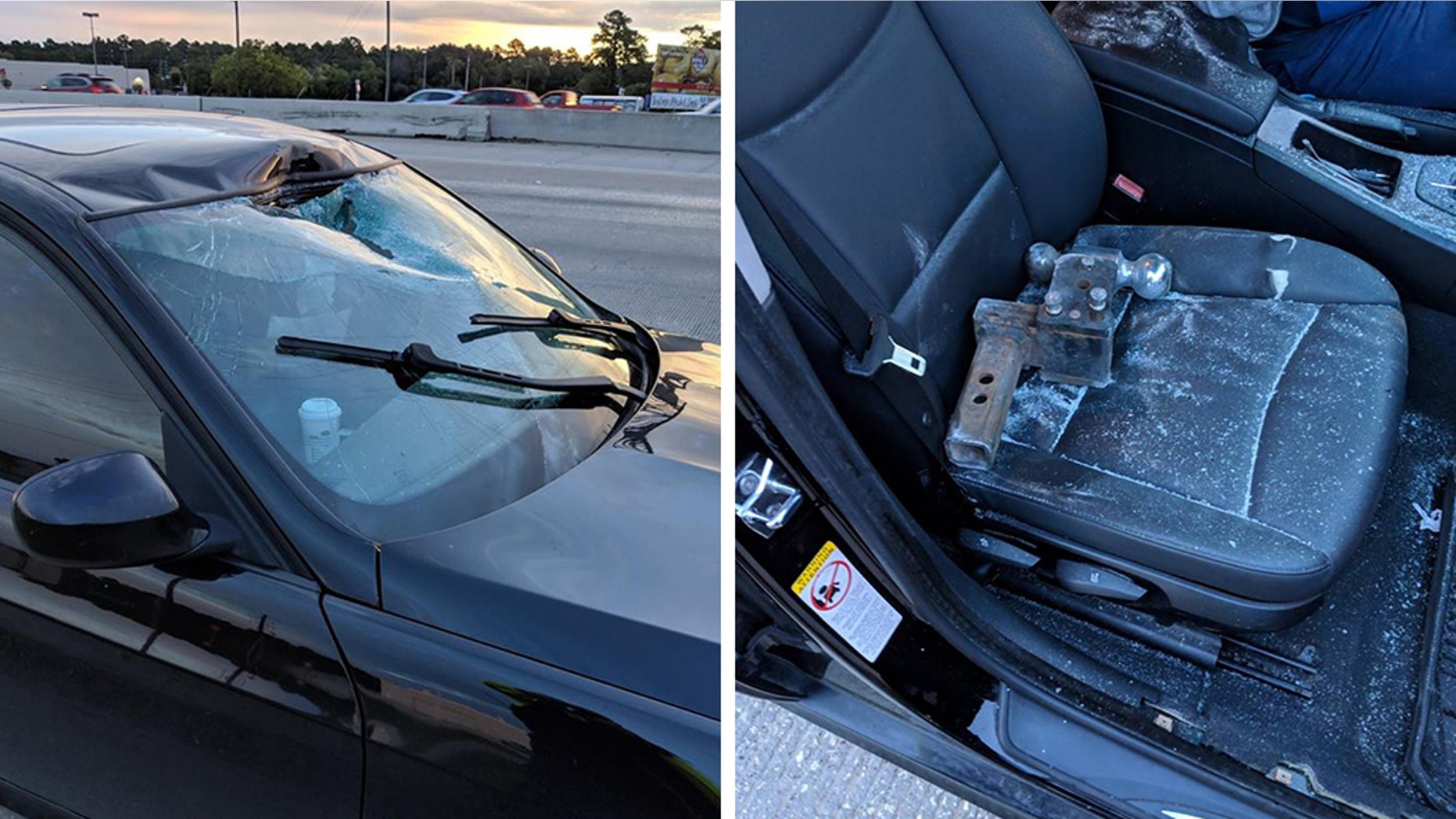 Tow Hitch Smashes Through Windshield Narrowly Missing Driver In Texas