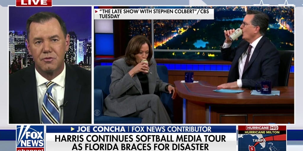 Kamala Harris drinks a beer with Stephen Colbert during softball media ...