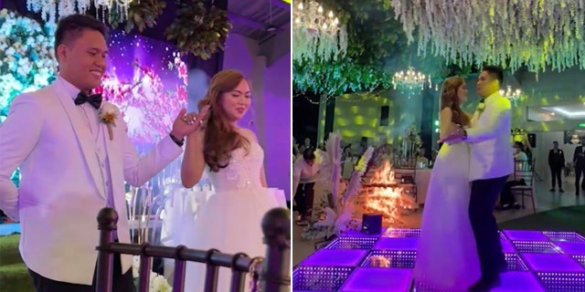 'Hot' first dance: Newlyweds sway to music as decorative display behind ...